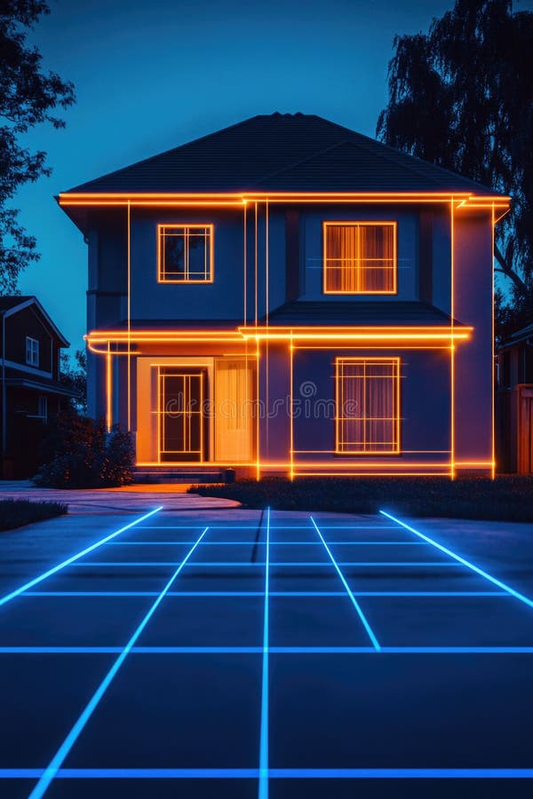 House with Illuminated Driveway at Night. Stock Image - Image of ...