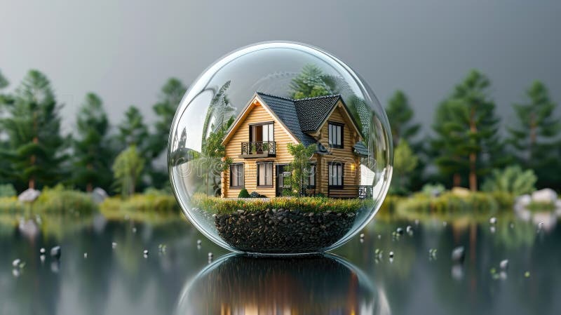 A House is Inside a Glass Bubble, Surrounded by Trees and Water Stock ...