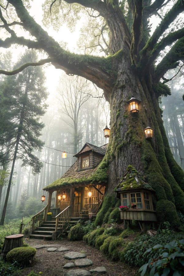 House Inside Tree in Magic Forest Stock Illustration - Illustration of ...