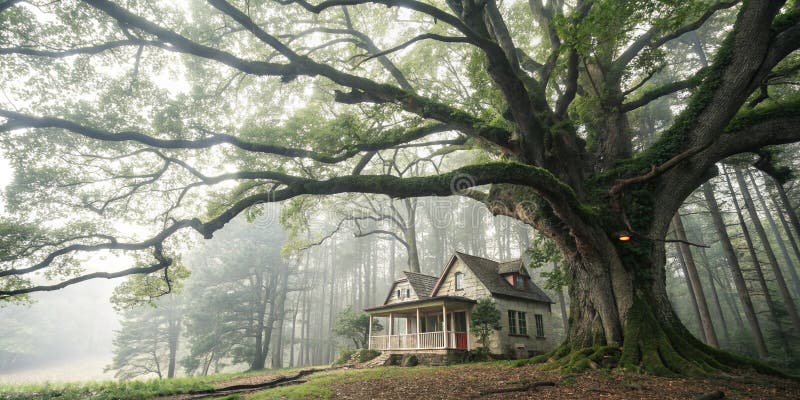 House Inside Tree in Magic Forest Stock Illustration - Illustration of ...