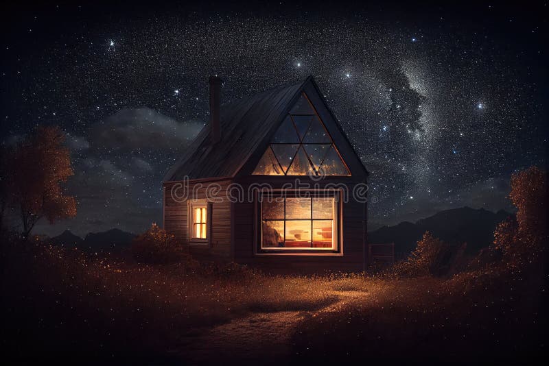 House, with Its Windows Illuminated in the Darkness, and Peaceful Night ...