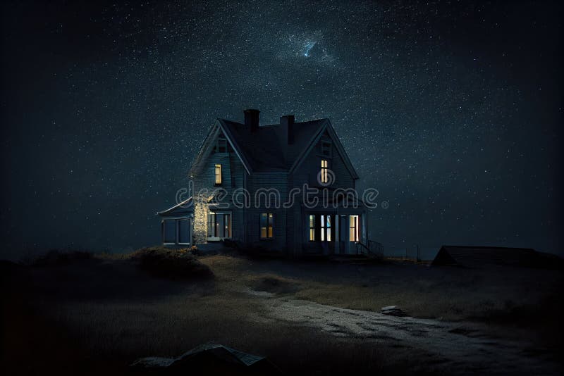House, with Its Windows Illuminated in the Darkness, and Peaceful Night ...