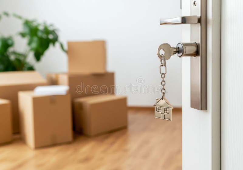 House Key in Door with Moving Boxes in Background of New Home Stock ...