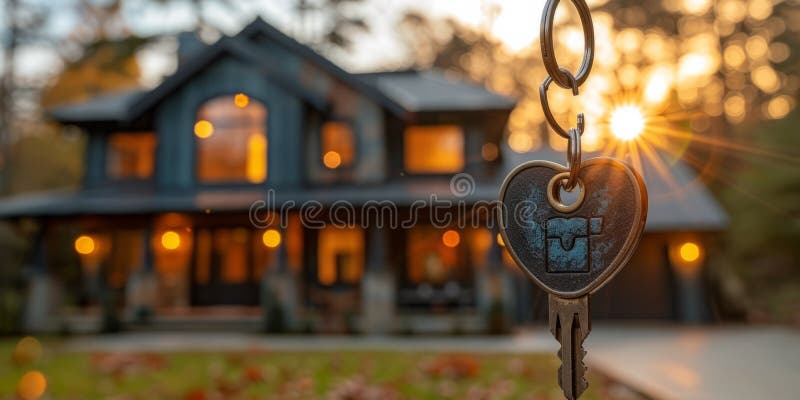 House Key with Heart-shaped Keychain in Front of a Cozy Home at Sunset ...