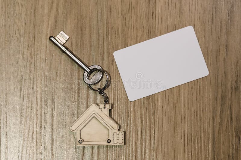 House Key with Mockup of Credit Card on Wood Table Stock Photo - Image ...