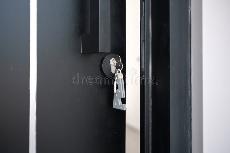 A House Key with a Key Ring Inserted at the Door Lock Stock Image ...