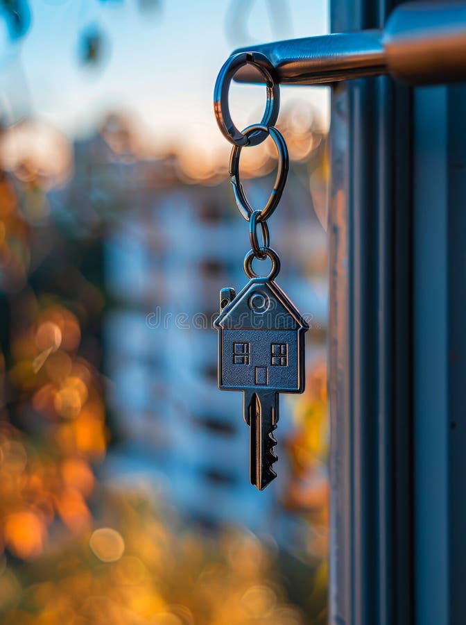 House Key on House Shaped Keychain in the Door Keyhole Stock Image ...
