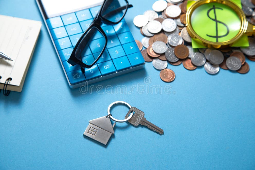 House Keys, Calculator and Stack of Coins Stock Image - Image of estate ...