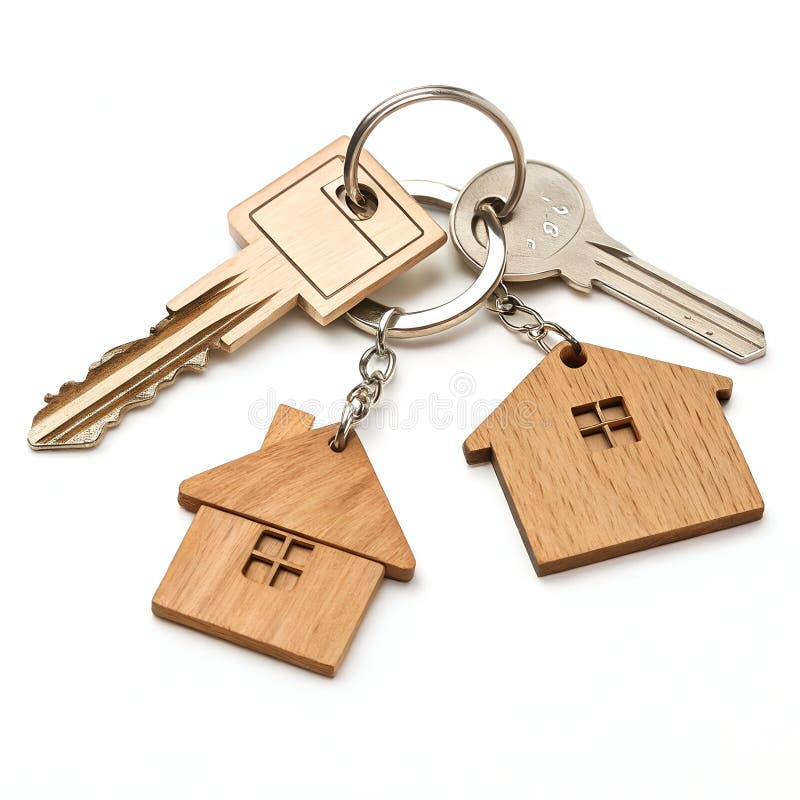House Keys with Wooden Keychains Isolated on White Background Stock ...