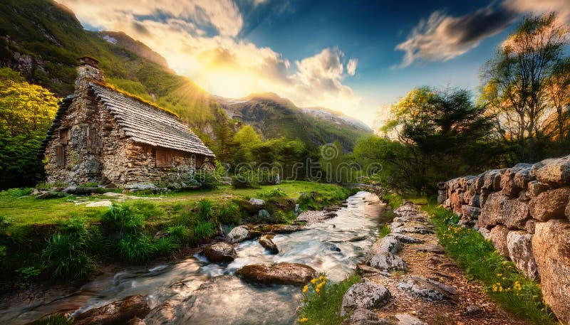 A House Landscape Built from Stack Stone Walls on a Hillside with a ...