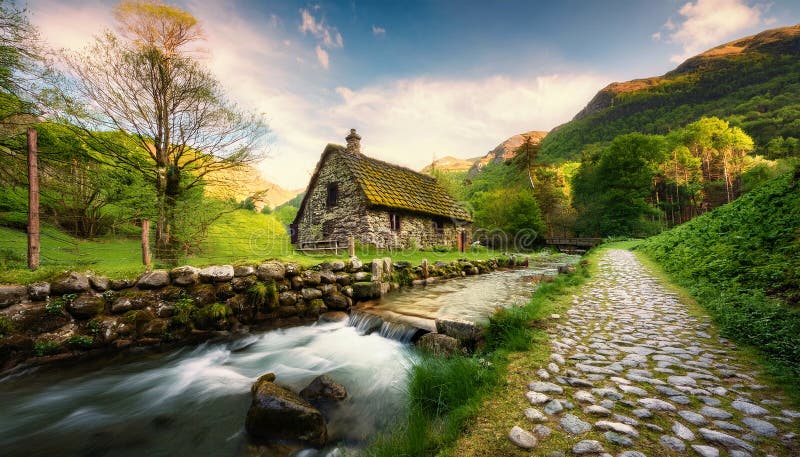 A House Landscape Built from Stack Stone Walls on a Hillside with a ...