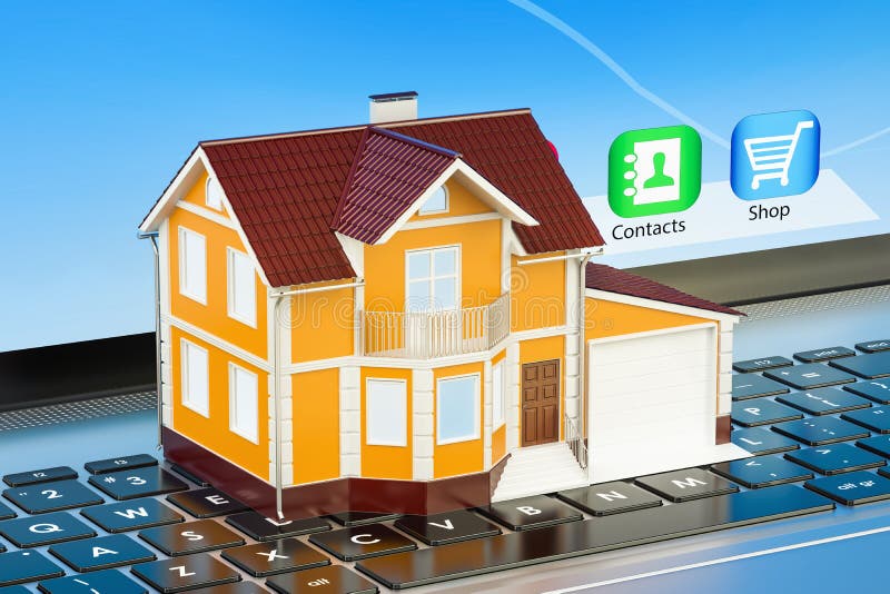 House on Laptop Keyboard, 3D Stock Illustration - Illustration of real ...
