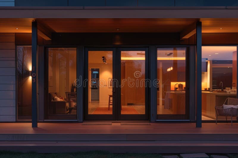 A House with a Large Front Door with Two Windows on Either Side Stock ...