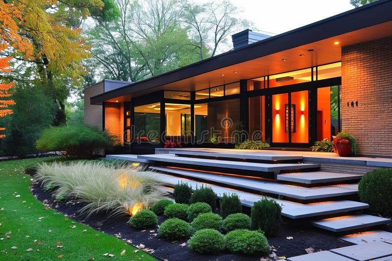 House with Large Window and Orange Light Inside. Generative AI Stock ...