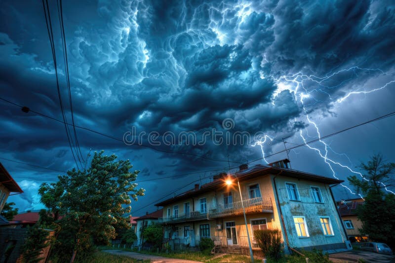 A House with a Lightning Bolt Striking the Sky Above Stock Image ...
