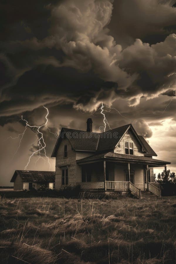 House with Lightning Sky stock photo. Image of stormy - 375122272