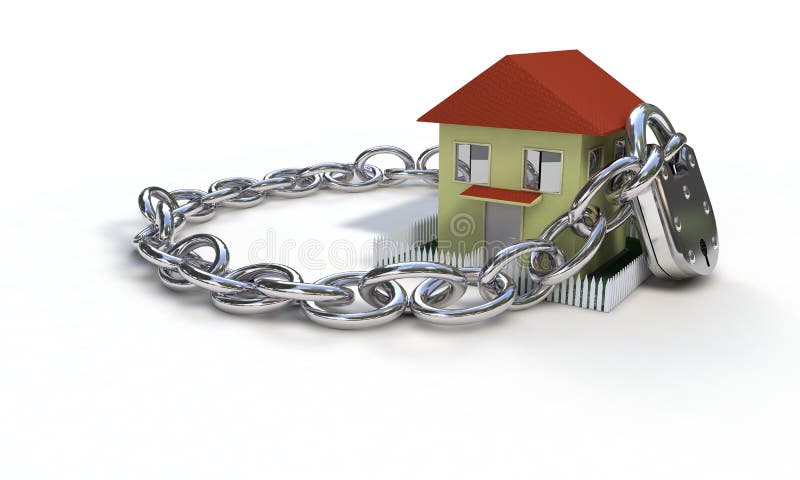 House and Lock Chain Concept, 3d Render Stock Illustration ...