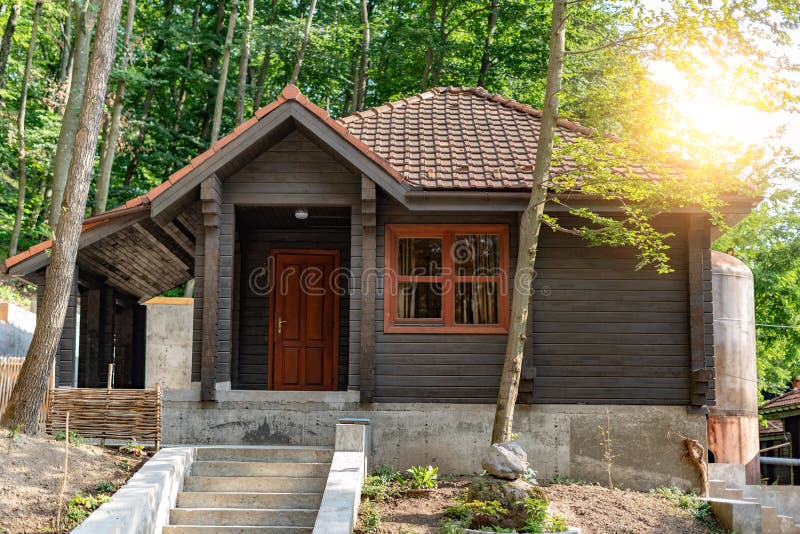 House of the Log. House of Extruded Wooden Profile. Stock Image - Image ...