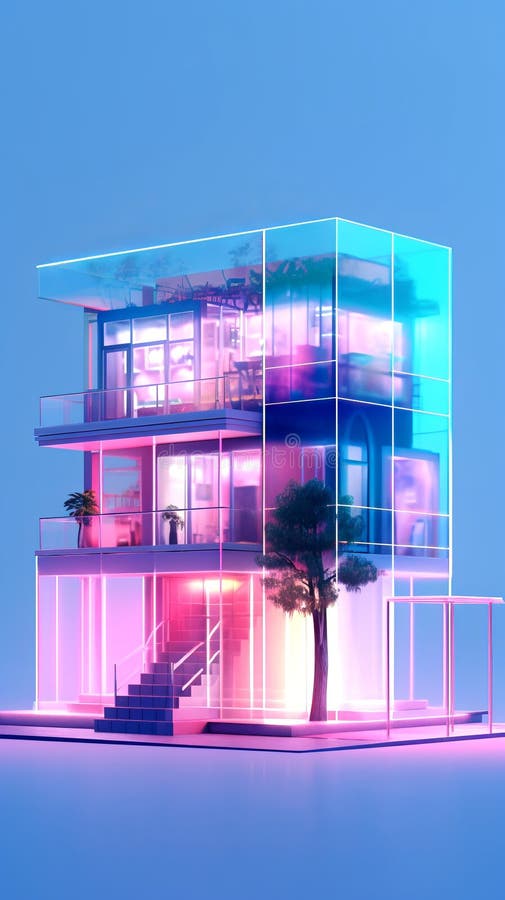 House Made of Glass in Neon Light Stock Illustration - Illustration of ...