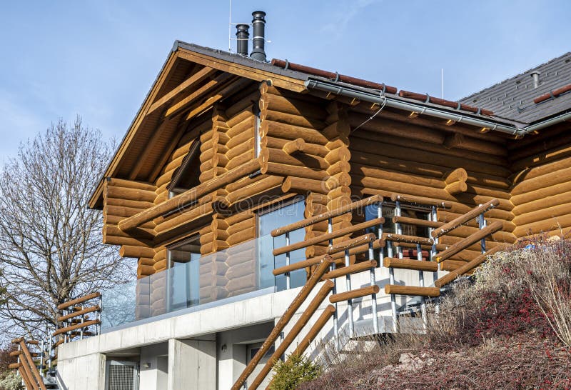 House Made of Wooden Logs. Modern Log House Stock Image - Image of ...
