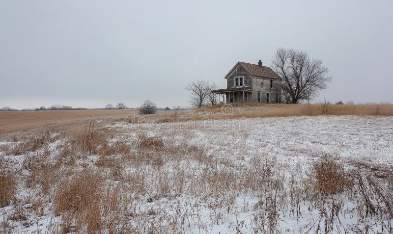 A House is in the Middle of a Field with Snow on the Ground Stock Photo ...