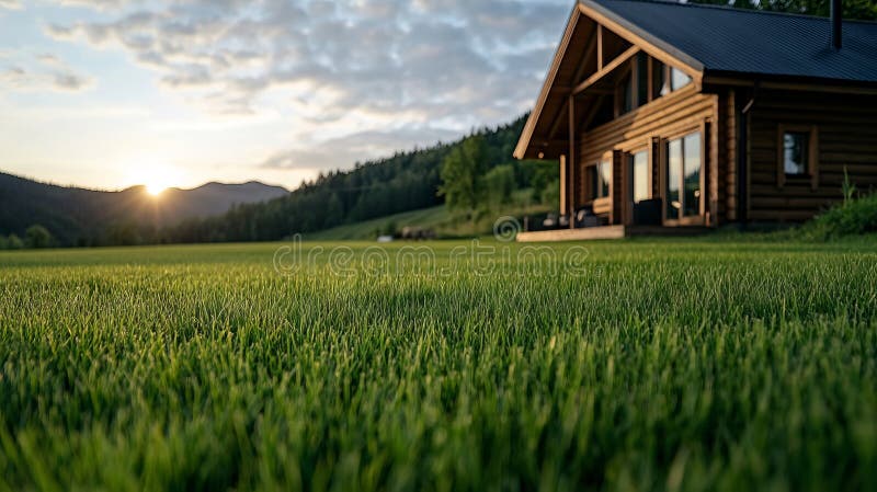 A House in the Middle of a Green Field with the Sun Setting Behind it ...