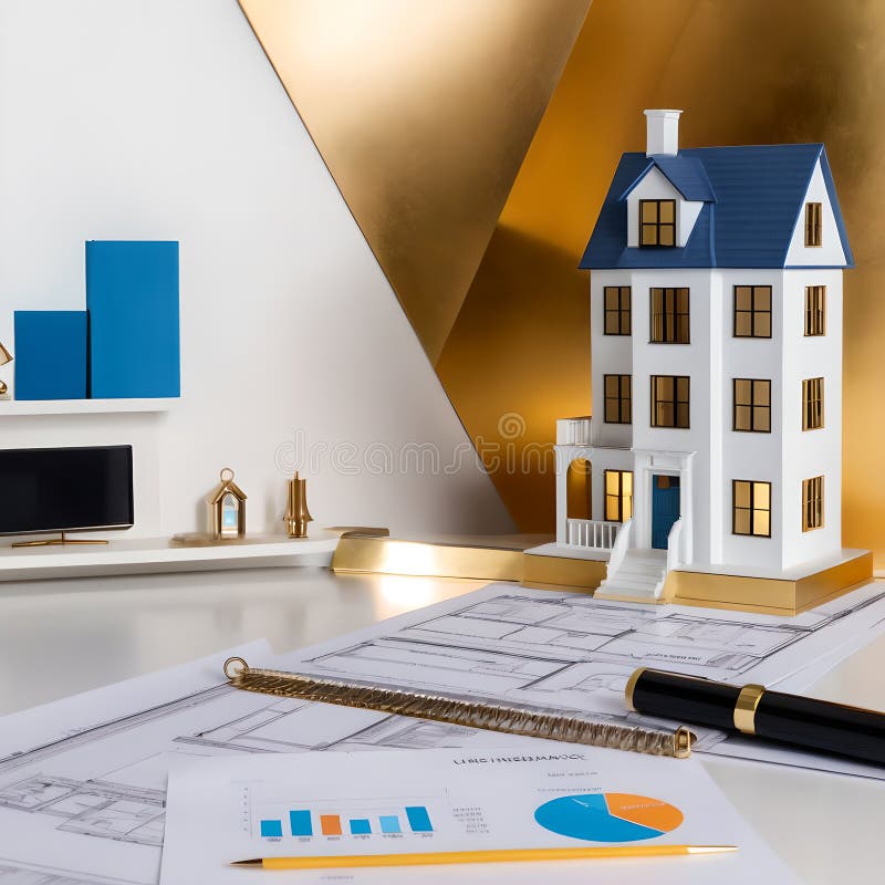 House Model with Architectural Plans and Charts. Stock Illustration ...