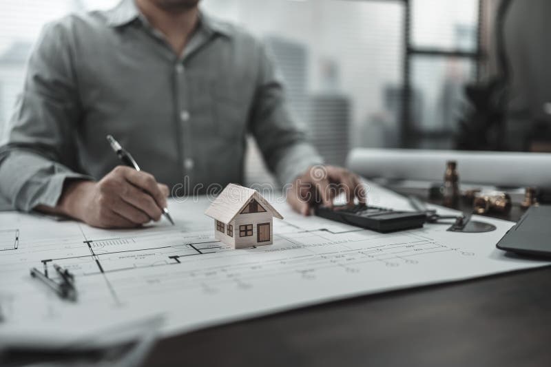 House Model on Blueprint. Architect and Engineer Concept Stock Image ...