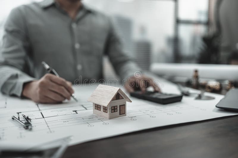 House Model on Blueprint. Architect and Engineer Concept Stock Photo ...