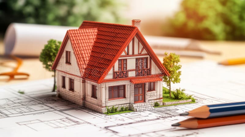 House Model on Blueprint, Home Design, New Construction Home Building ...