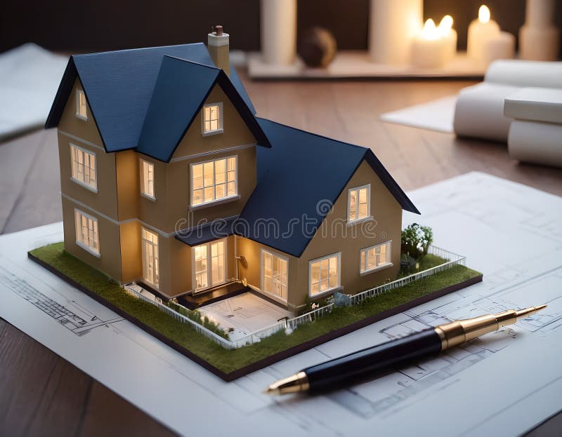 House Model on Blueprint with Pen. Stock Illustration - Illustration of ...
