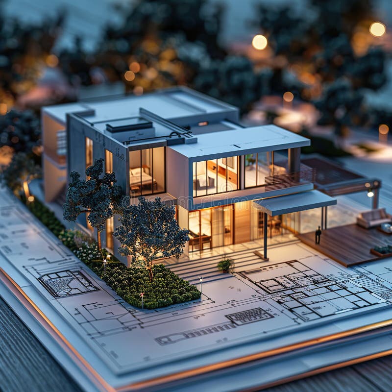 House Model on Blueprint with Sunset Background Bird Eye View Stock ...