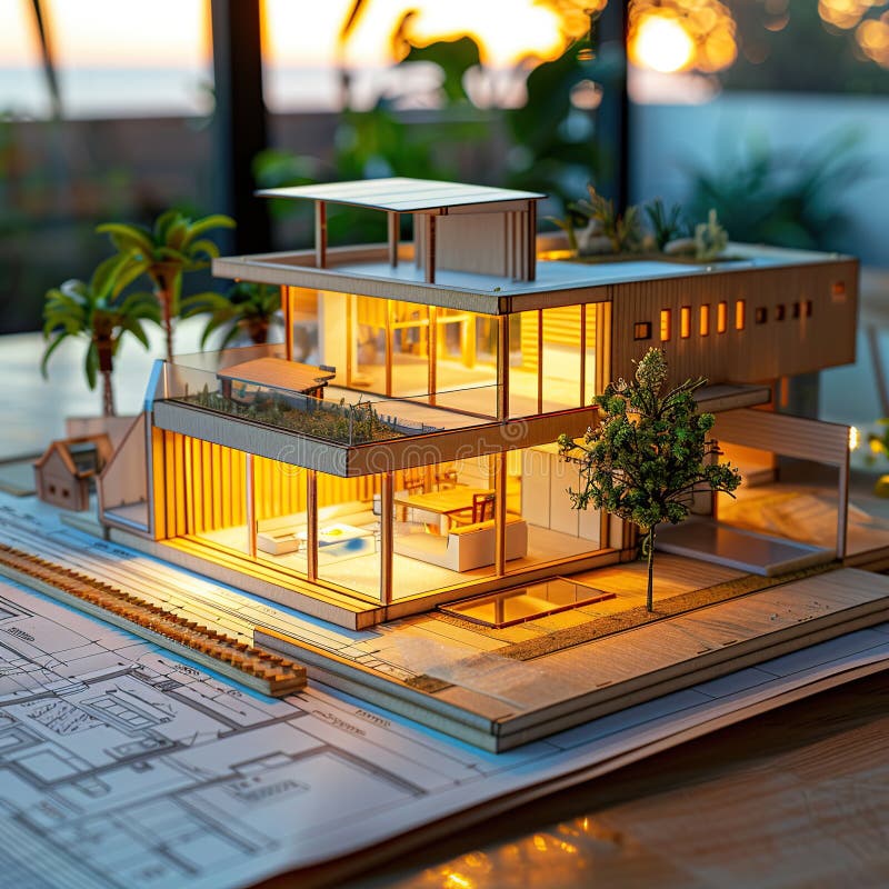 House Model on Blueprint with Sunset Background Bird Eye View Stock ...
