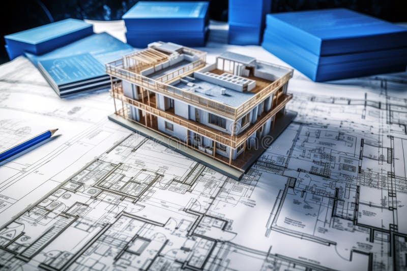 House Model with Blueprints on Desk Stock Illustration - Illustration ...