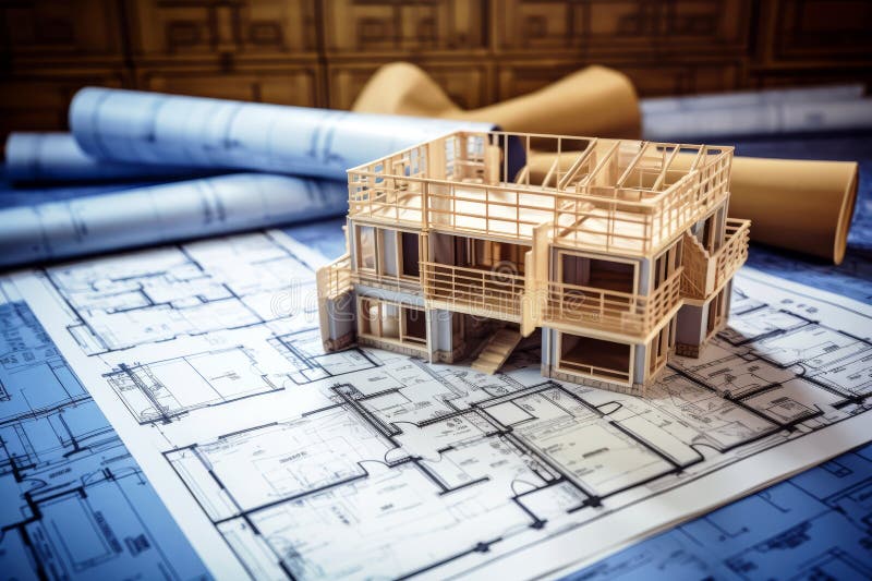 House Model with Blueprints on Desk Stock Illustration - Illustration ...