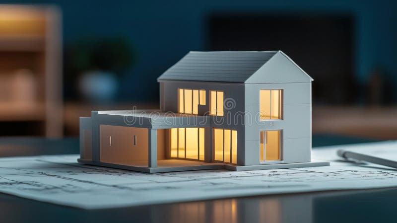House Model on Blueprints in an Engineer S Office, Illustrating ...