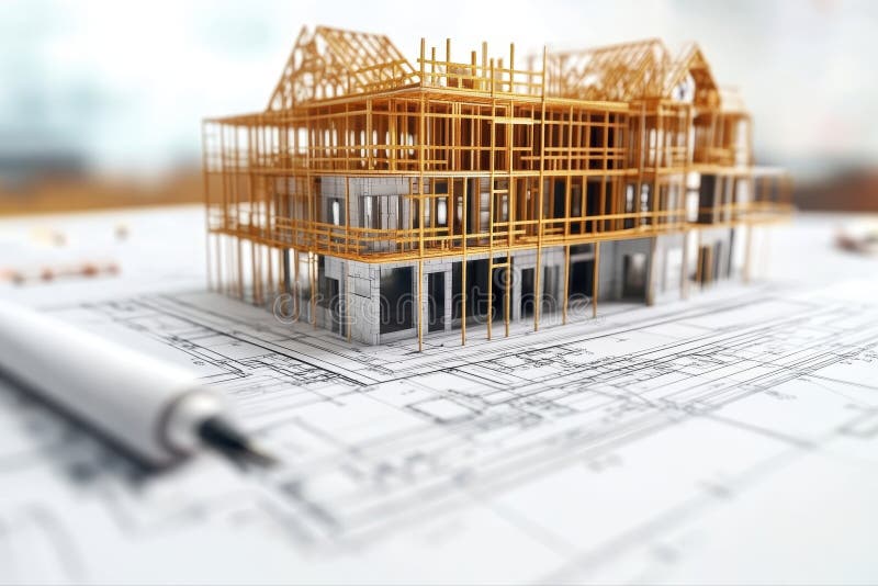 House Model on Blueprints with Project Management Concepts and Visuals ...