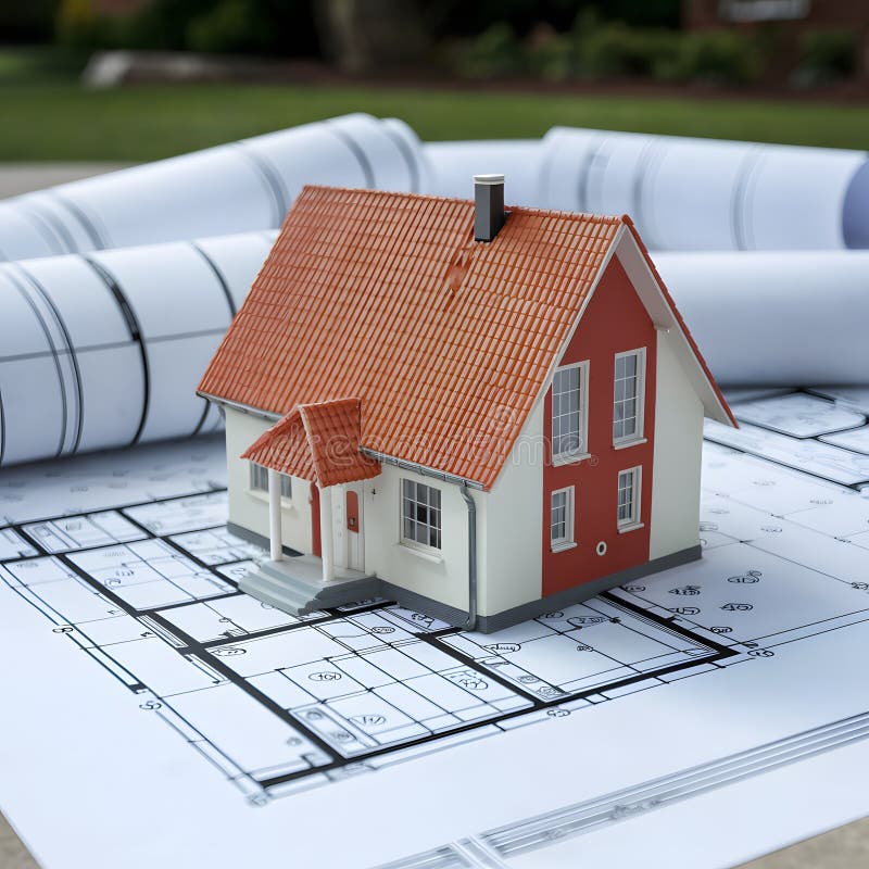 House Model on Blueprints, Representing Architectural Project and Real ...