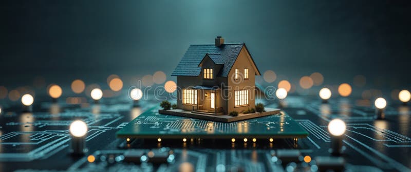 House Model on Circuit Board with Glowing Lights in Dark Setting. Stock ...