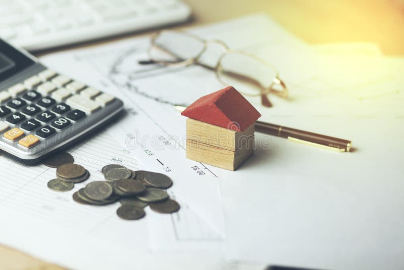 House Model with Coins on Document Stock Image - Image of calculator ...
