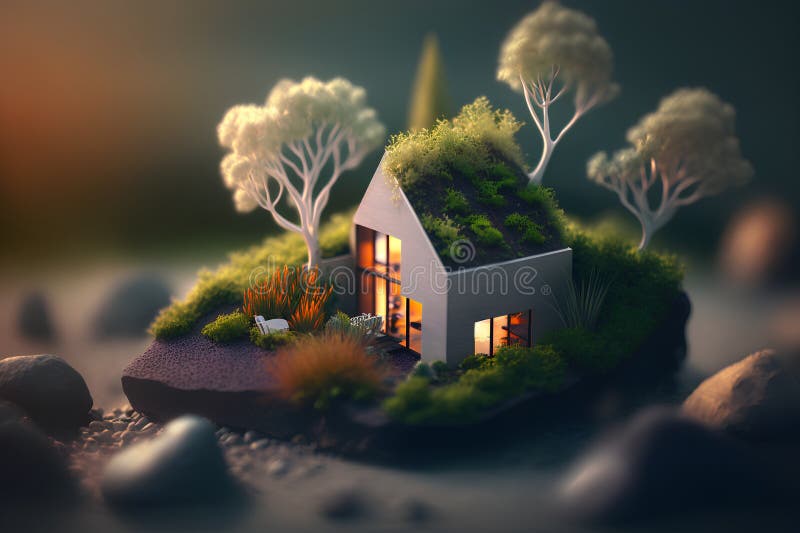 House Model with Green Grass and Trees. 3d Render Illustration Stock ...
