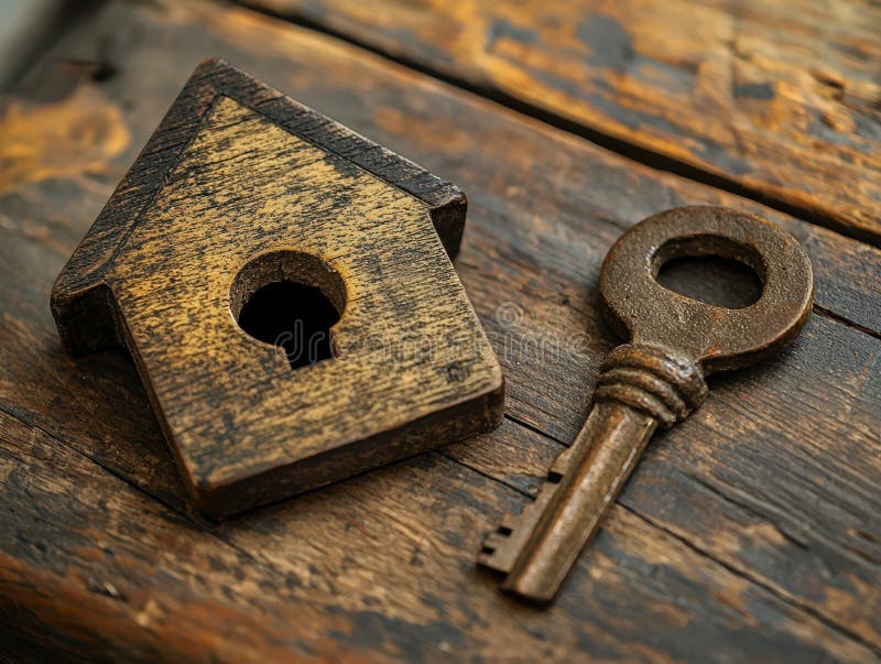 House Model and Hole Key on Wood Table. Real Estate Concepts Stock ...