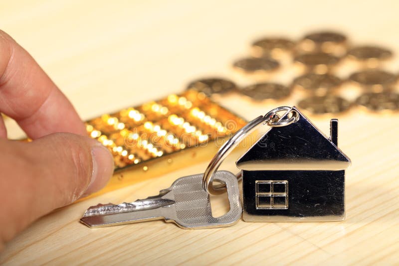 House Model and the Key, Dollar and Gold Abacus Stock Photo - Image of ...