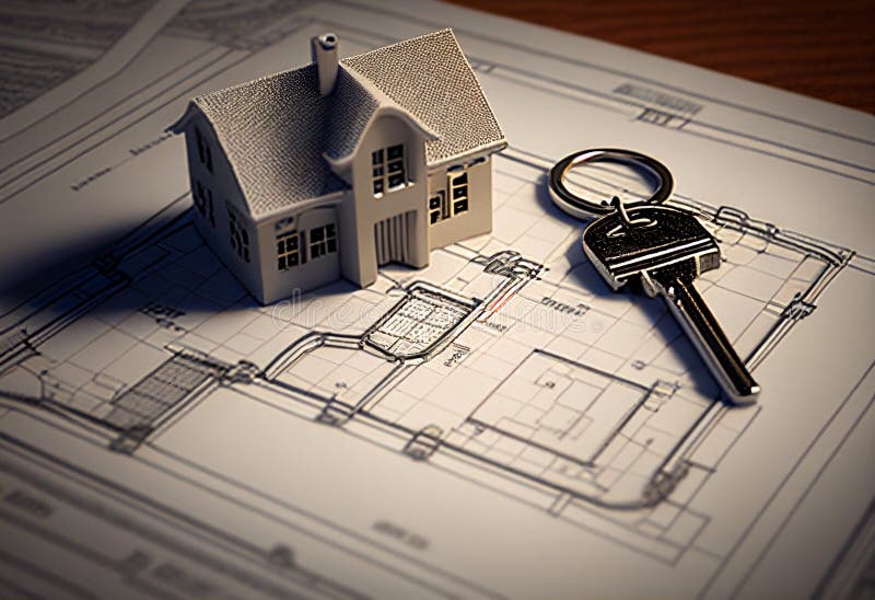 House Model and Keys on Architectural Blueprints. Real Estate Concept ...