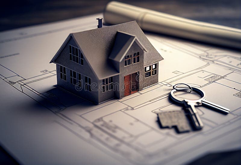 House Model and Keys on Architectural Blueprints. Real Estate Concept ...