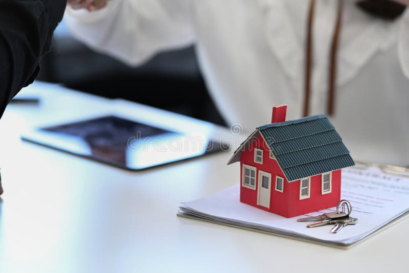 House Model, Keys and Contract Document on Table. Stock Image - Image ...