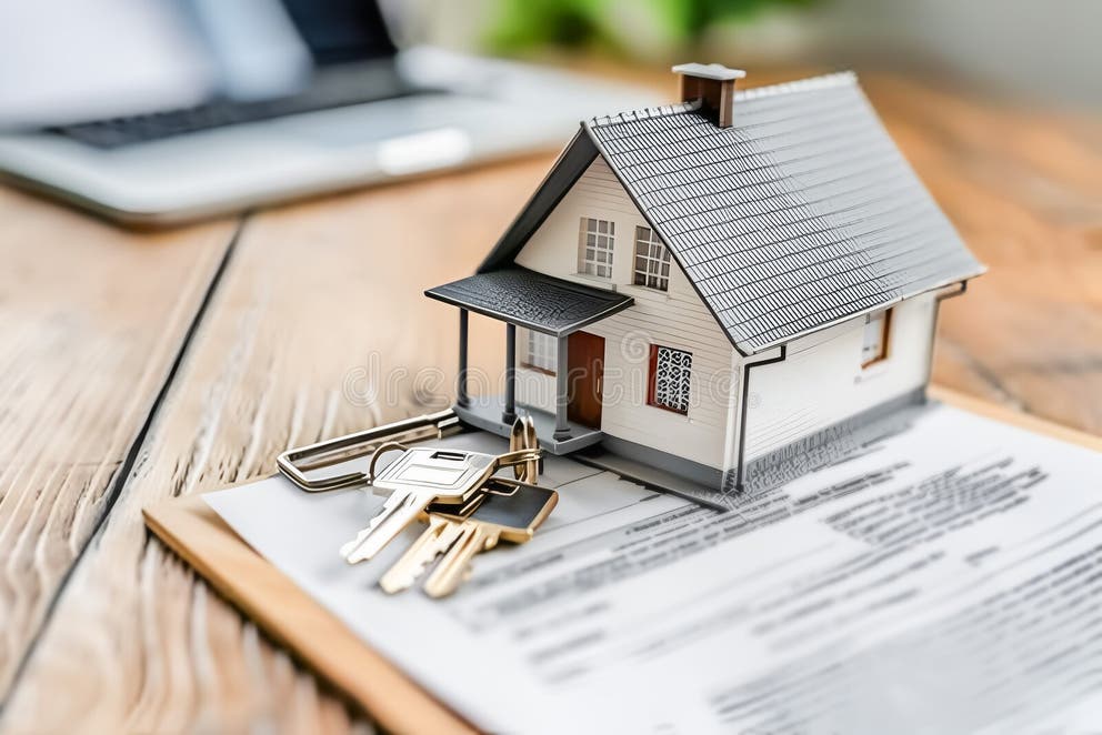 House Model with Keys and Mortgage Documents on a Table Stock Photo ...