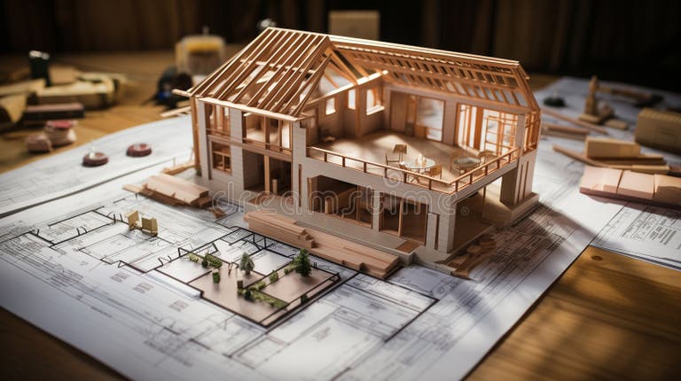 House Model Lying on the Floor Plan Construction Plan - Turnkey House ...