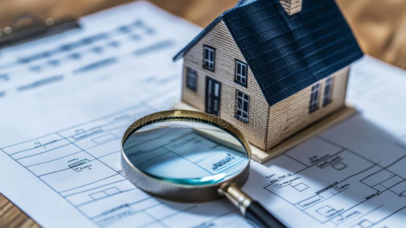 House Model with Magnifying Glass on Documents Stock Illustration ...