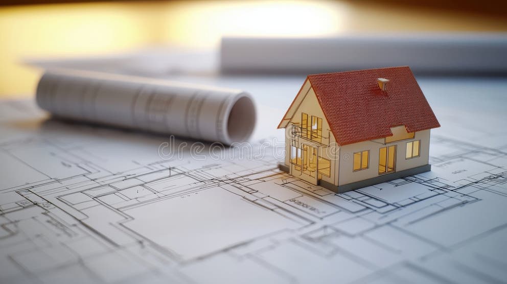 House Model Positioned on Architectural Blueprints for Construction ...